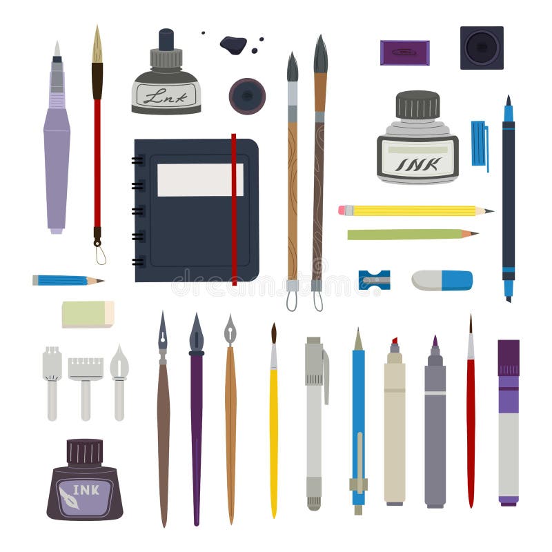 Drafting and Painting Tools Set. Ink Pens and Sharpened Pencils with ...