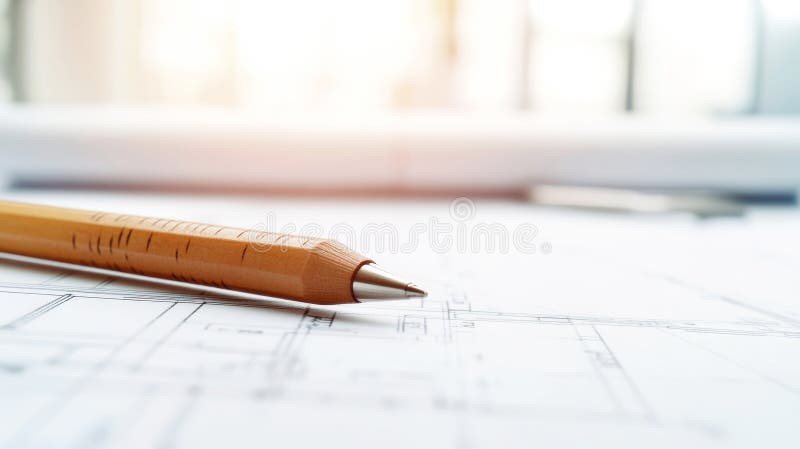 Drafting Pencil Lying on an Architectural Blueprint with Rolled Up ...