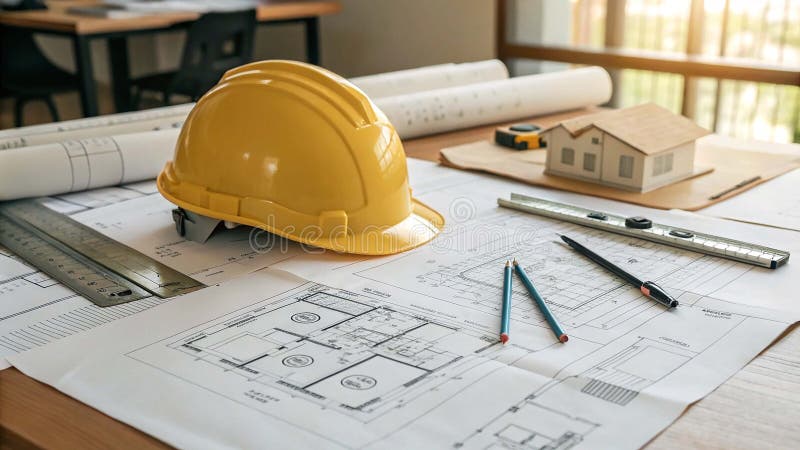 Drafting Plans with a Hard Hat and Tools on an Architect S Desk Stock ...