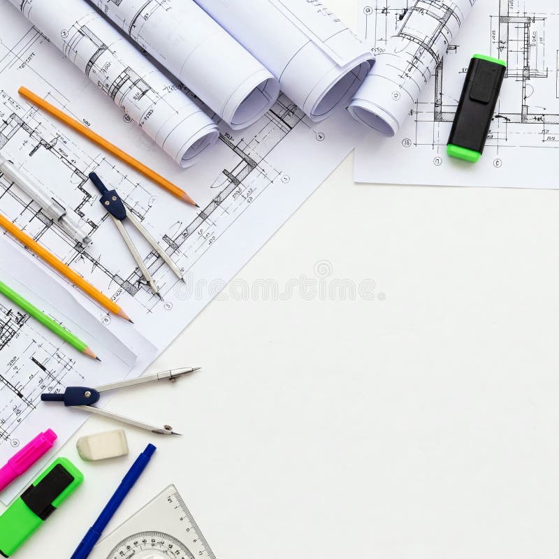 Drafting Table with Architectural Plans - AI Stock Illustration ...