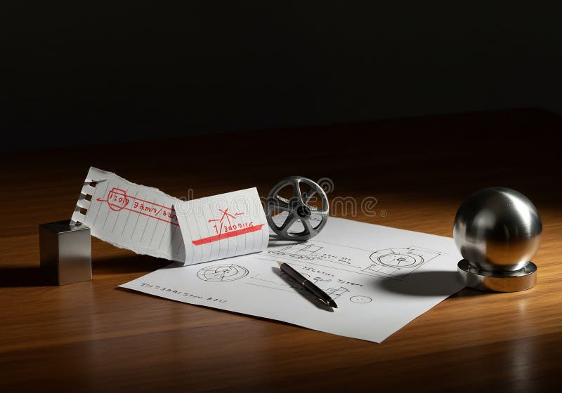 Drafting Table with Drawings, Metal Objects and Pen Stock Illustration ...