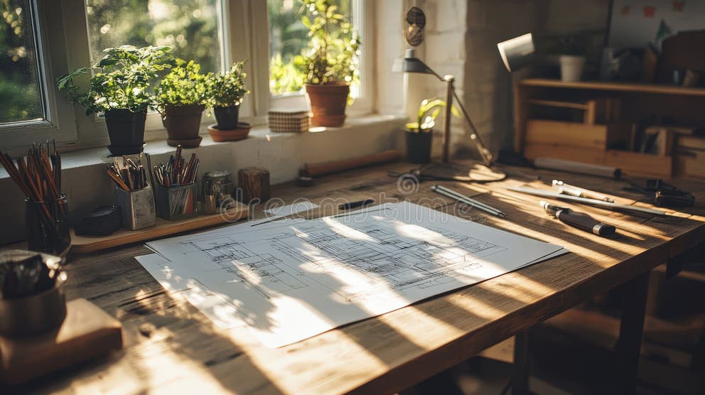 Drafting Table Still Life with Blueprints. Natural Light, Plans, and ...