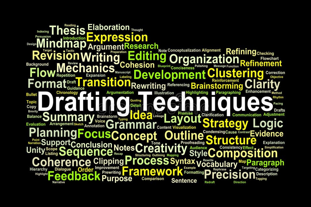 Drafting Techniques Word Cloud. Explore Key Concepts and Strategies for Effective Writing Stock ...