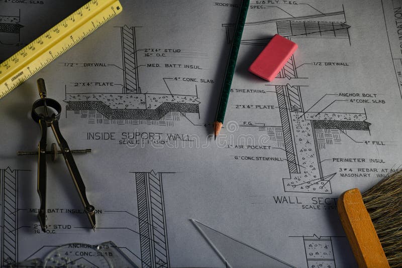 Drafting Tools on Hand Drawn Architectural Plans Stock Photo - Image of ...