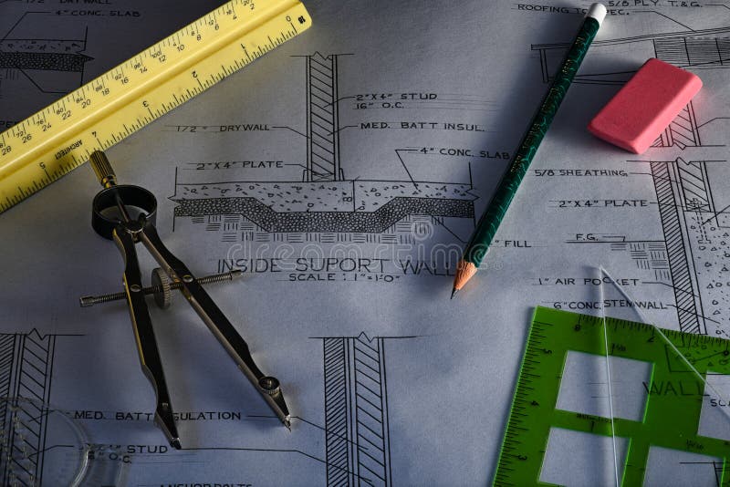 Drafting Tools on Hand Drawn Architectural Plans Stock Image - Image of ...