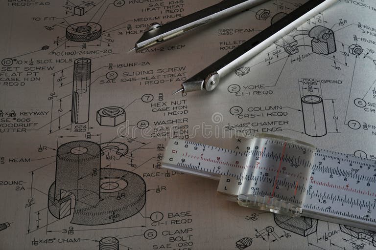 Drafting Tools on Mechanical Drawings Stock Photo - Image of ...