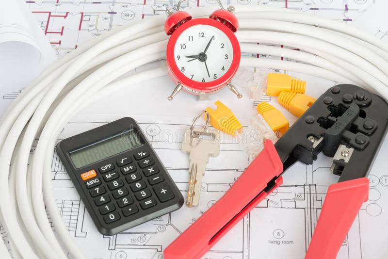 Drafts with Computer Cables and Key Stock Image - Image of plan ...