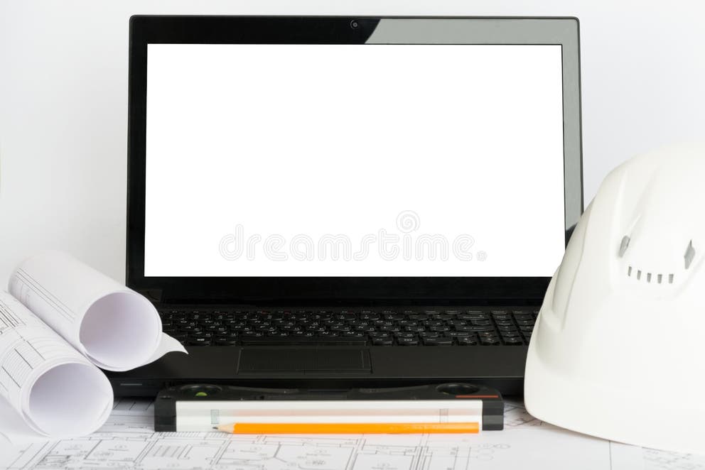 Drafts and Laptop with Blank Screen Stock Image - Image of computer ...