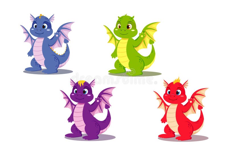 Set of Fairy Tale Cute Vector Dragons of Different Colors in Cartoon ...