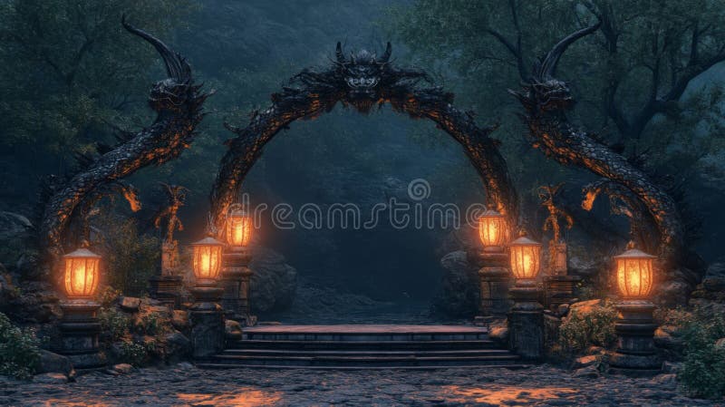 Dragon Archway Leads To Mysterious Forest Path Stock Illustration ...