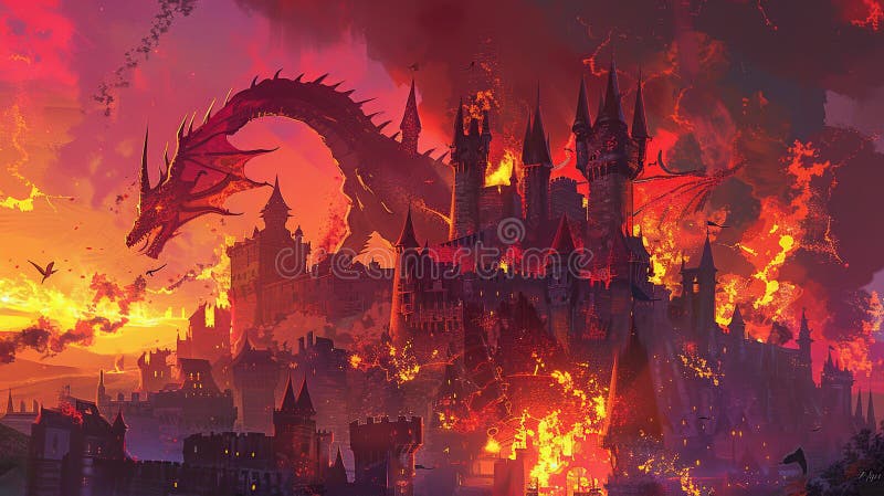 Dragon Attacking Castle stock illustration. Illustration of burning ...