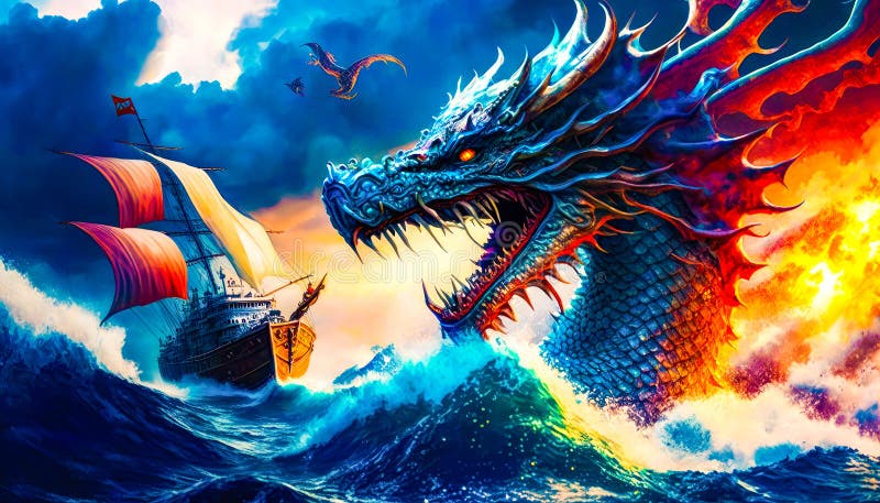 Dragon Attacking Ship in the Ocean. Fantasy. Generative AI. Stock ...