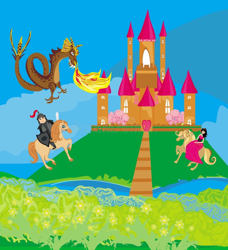 Dragon attacks the castle stock vector. Illustration of crown - 35756930