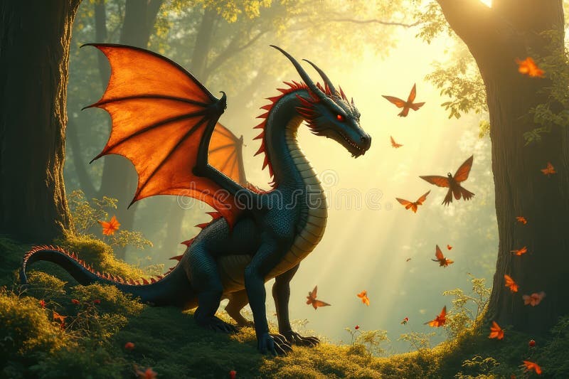 Dragon Blessing - Enchanting Nature Scene with Flying Creatures Stock ...