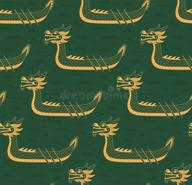 Dragon Boat, Waves Seamless Pattern, Gold on Green Stock Vector ...