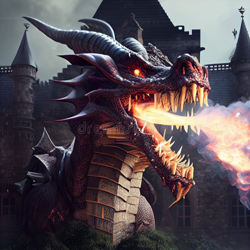 Dragon Breathing Fire on an Intricately Detailed Castle, Created with ...