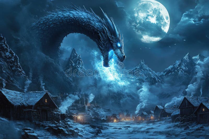A Dragon Breathing Ice Over a Village Under a Full Moon Stock ...
