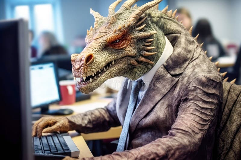A Dragon in a Business Suit is Working at a Computer. the Concept of a Formidable Chef Stock ...