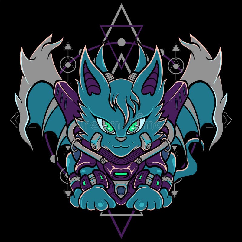 Dragon Cat Illustration with Sacred Geometry 2 for Sticker and Tshirt ...