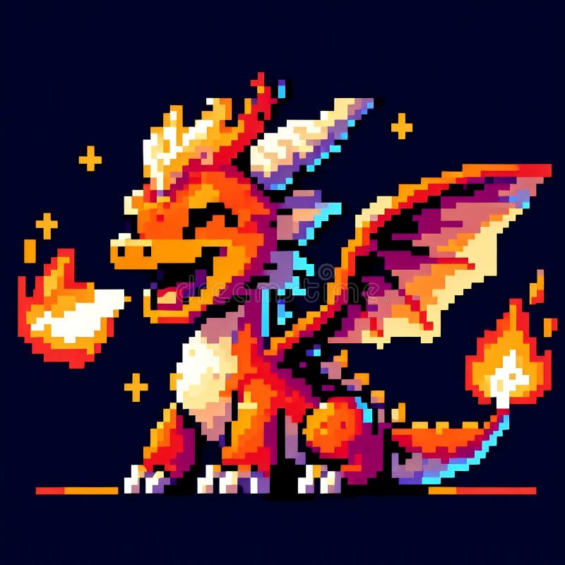 Dragon Character with Black Background, Pixel Art Stock Illustration ...