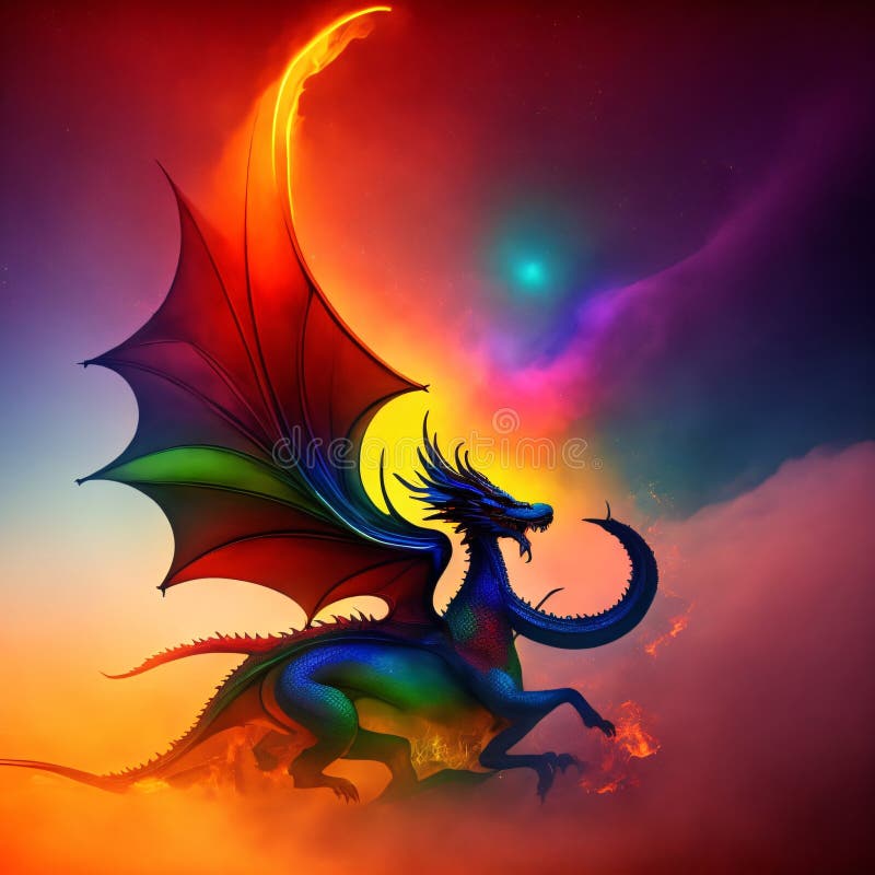 Of Dragon in the Colourful Glow, Mist and Fire. AiI Generated Content ...