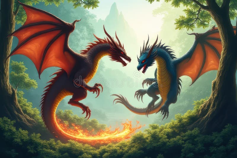 Dragon Combat in Fantasy Realm Stock Illustration - Illustration of ...