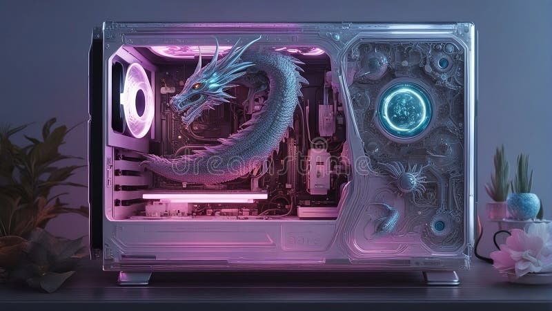 The Dragon in the Computer, Future Tech with Pink Neon Lights Ai ...