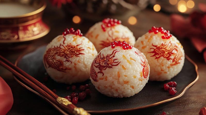 Dragon-Decorated Rice Balls with Red Berries Stock Illustration ...