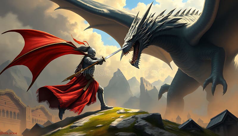 Dragon Fighting Knight Fantasy, Mythical Creatures and Battle Scene ...