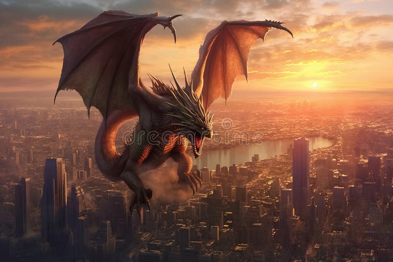Dragon Flies Over the City. Stock Illustration - Illustration of dragon ...