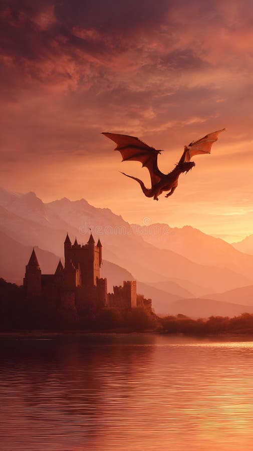 Dragon Flight Over Majestic Castle - Fantasy Landscape Stock ...