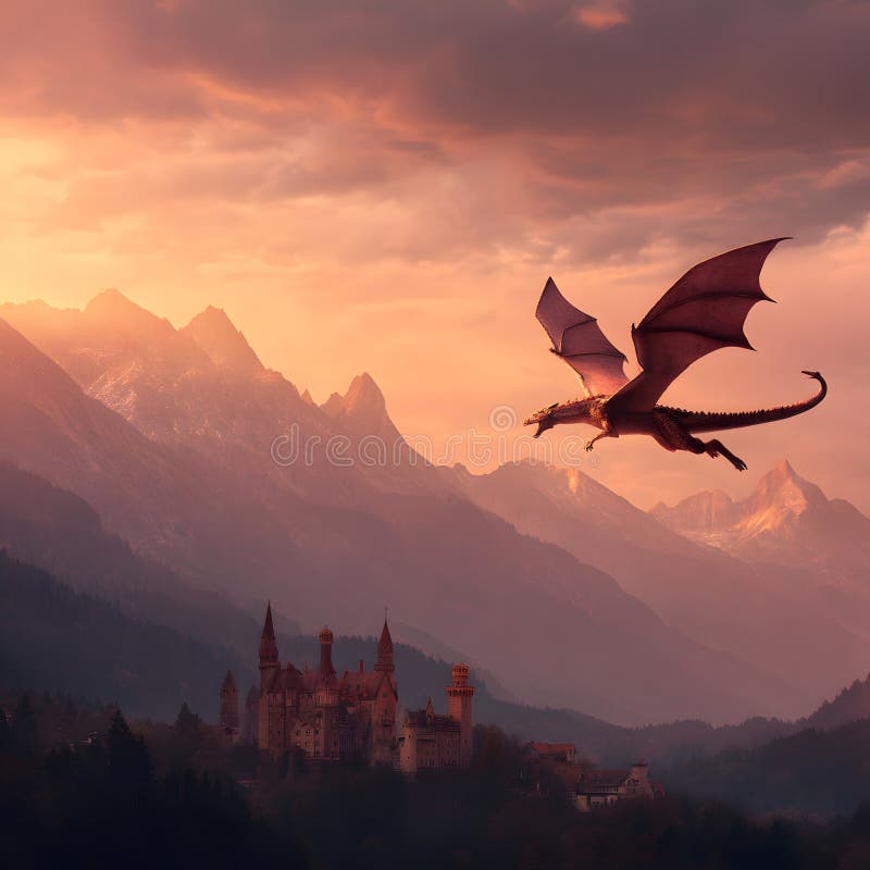 Dragon Flight Over Majestic Castle - Fantasy Landscape Stock ...
