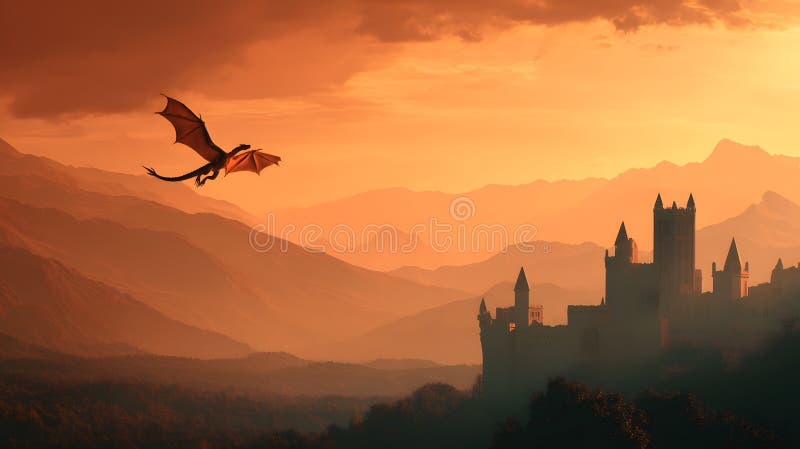 Dragon Flight Over Majestic Castle - Fantasy Landscape Stock ...