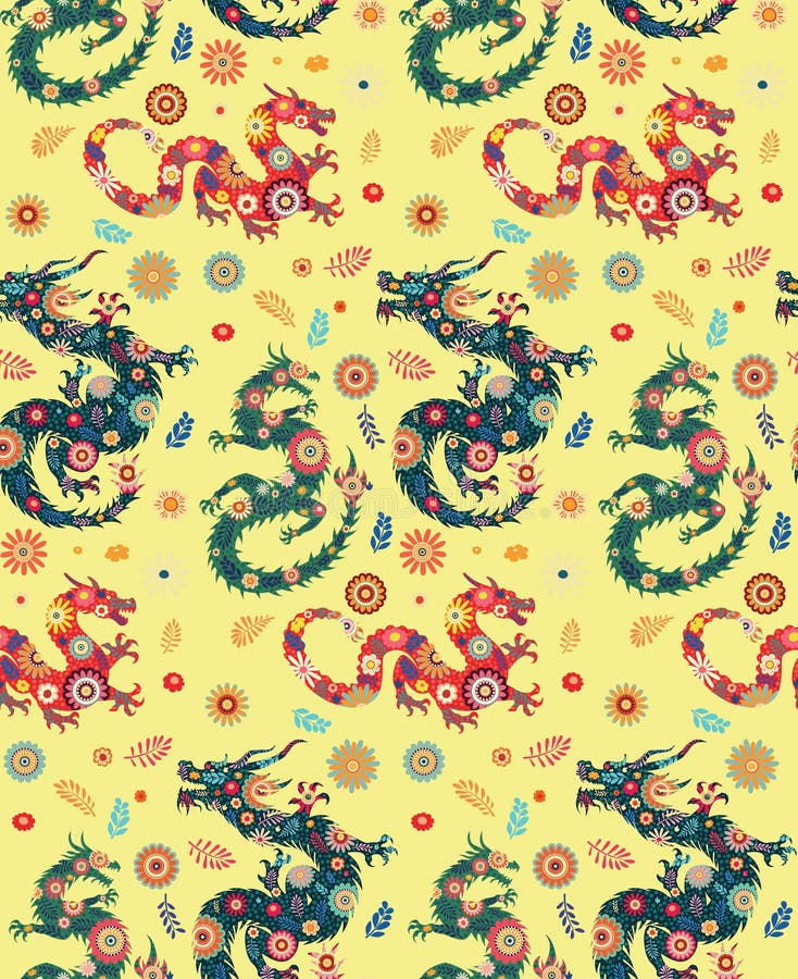 Dragon and flowers pattern stock vector. Illustration of style - 303485602