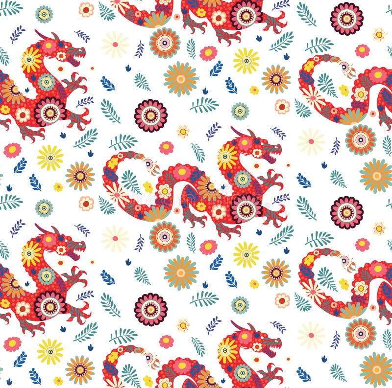 Dragon and flowers pattern stock illustration. Illustration of ornate ...