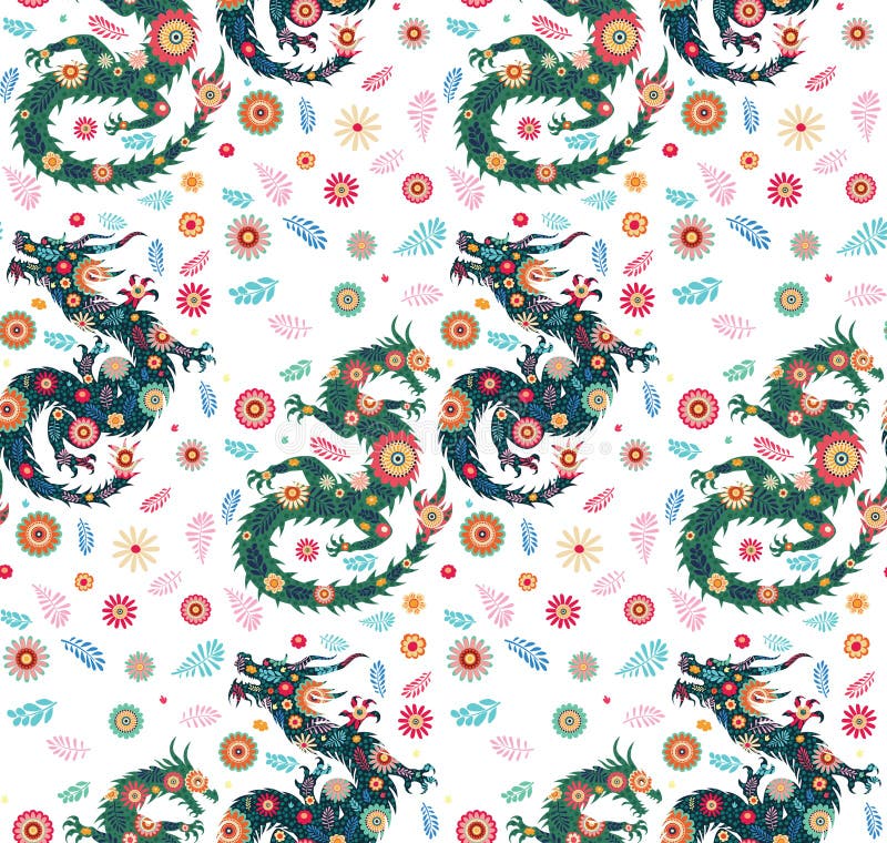 Dragon and flowers pattern stock illustration. Illustration of textile ...