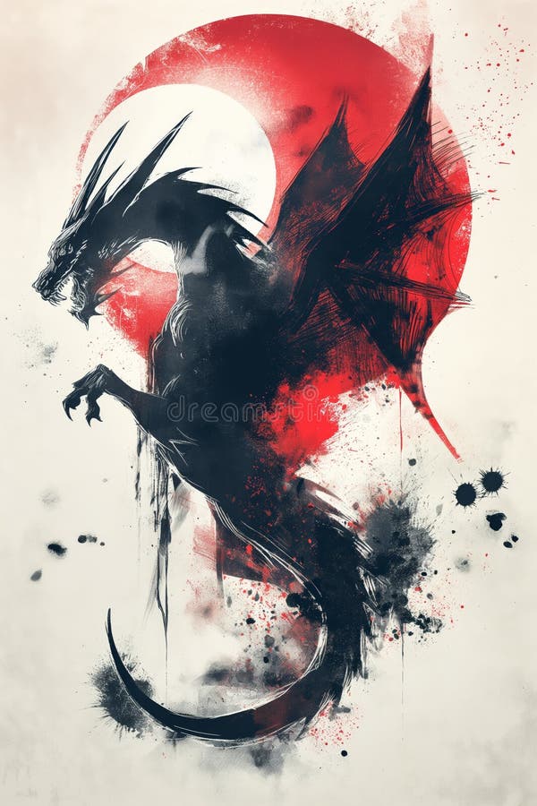 Dragon Flying in Front of a Cresent Moon. Ink and Watercolor Dragon ...