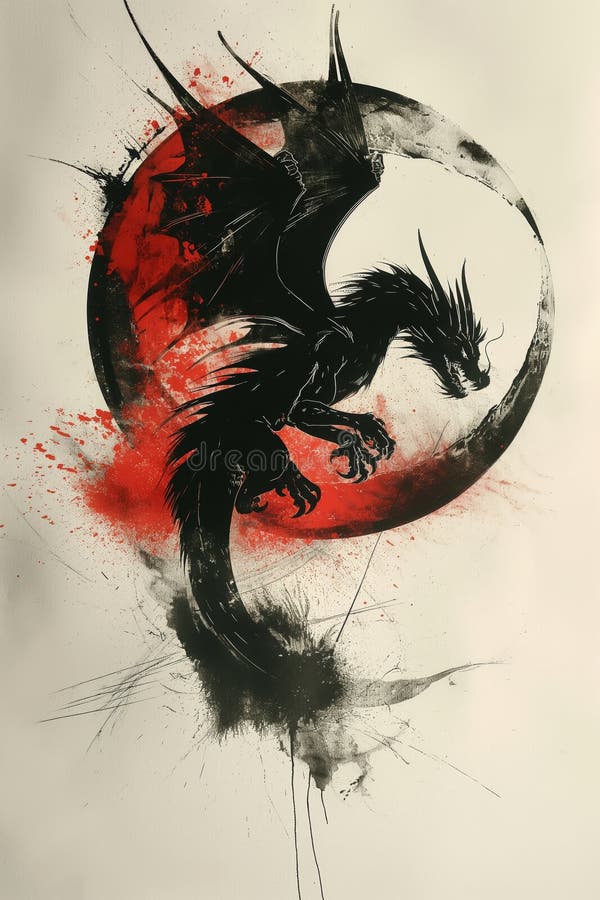 Dragon Flying in Front of a Cresent Moon. Ink and Watercolor Dragon ...