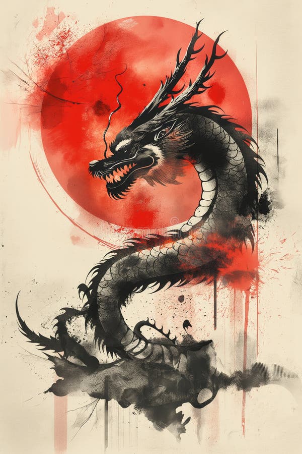 Dragon Flying in Front of a Cresent Moon. Ink and Watercolor Dragon ...