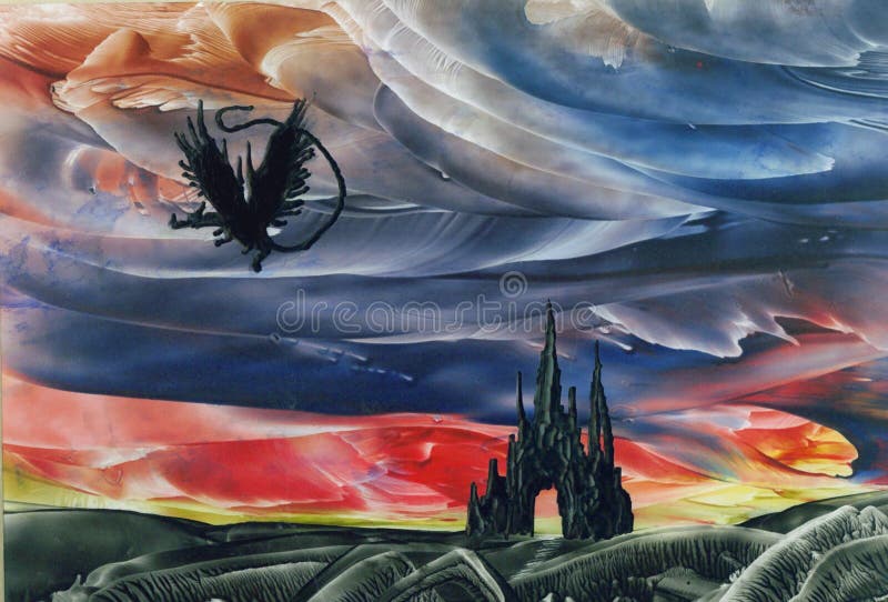 Dragon Flying over Castle stock illustration. Illustration of palace ...