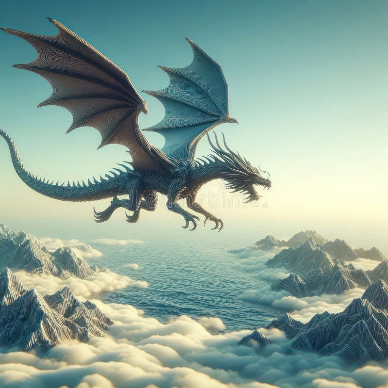 A Dragon Flying Over the Cloudy Peaks of the Mountains. Stock Image ...