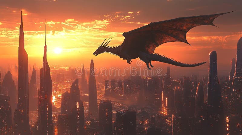 A Dragon Flying Over a Futuristic Cityscape at Sunset Digital Stock ...