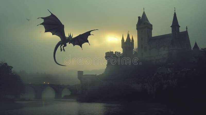 Dragon Flying Over a Medieval Castle at Dusk Stock Illustration ...