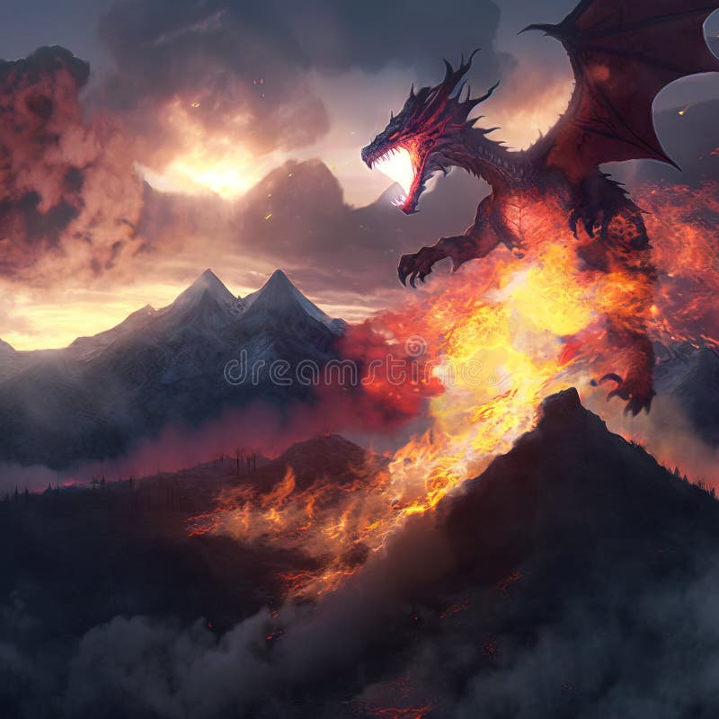 A Dragon Flying Over a Mountain with a Fire in the Air and a Sky ...