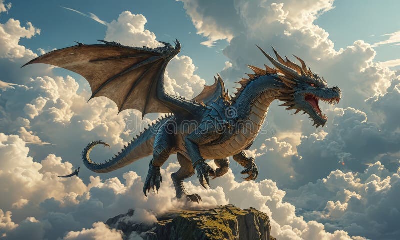 Dragon Flying Over Mountain in the Sky Stock Illustration ...