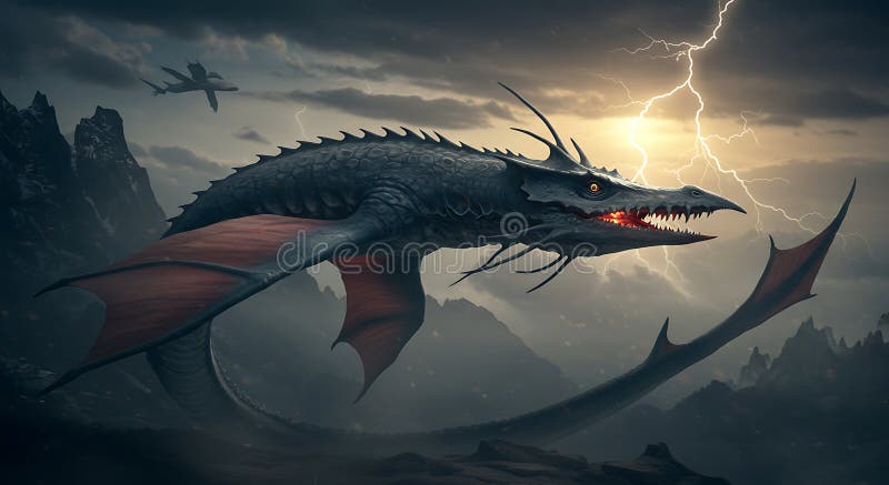 Dragon Flying during a Storm with Lightning Strike Stock Illustration ...
