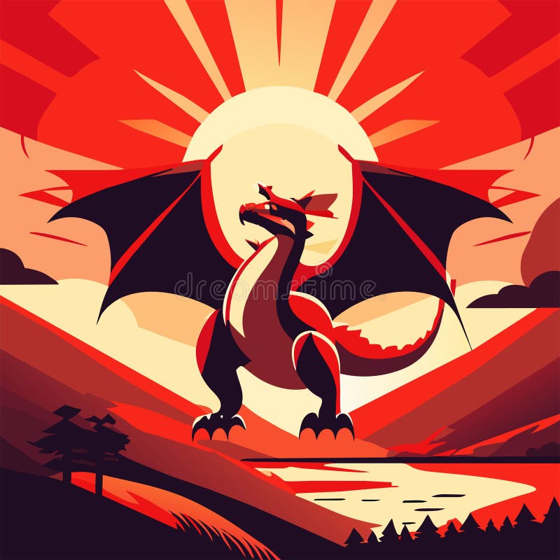 Dragon Flying in the Sunset. Vector Illustration in a Flat Style Stock ...
