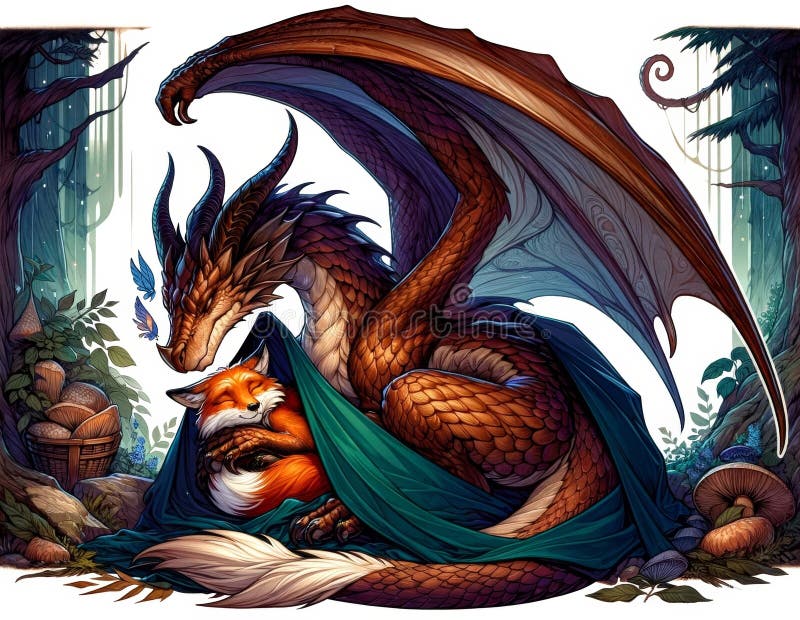 Dragon and Fox Resting stock illustration. Illustration of nature ...