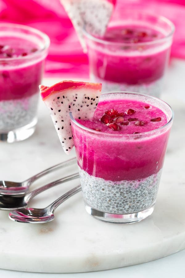 Dragon Fruit Chia Pudding Parfaits Topped with Pomegranate Arils. Stock ...