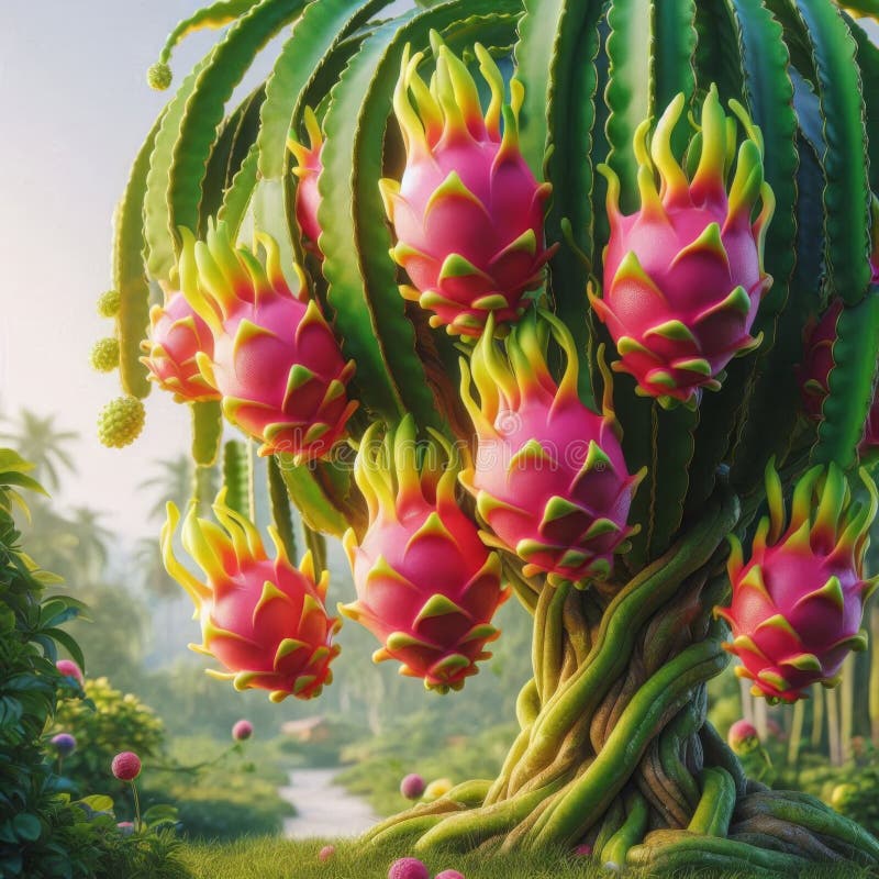 Dragon Fruit Plant with Fruits on the Vine Stock Illustration ...